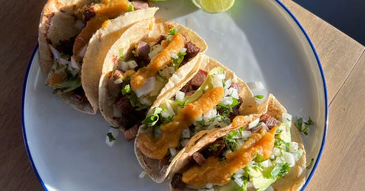 tacos de lengua with persimmon salsa - by Chuck Cruz