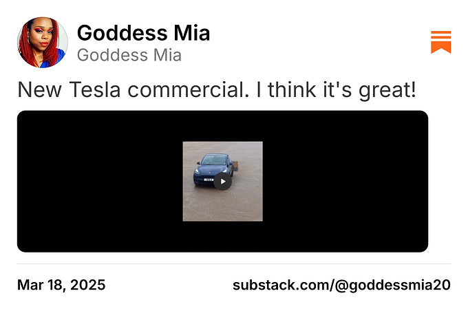 Goddess Mia on Substack: "New Tesla commercial. I think it's great!"