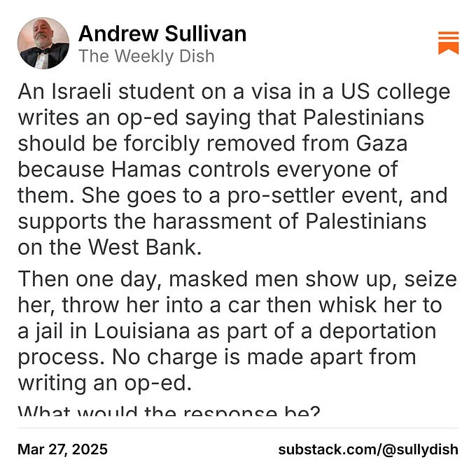 Andrew Sullivan on Substack: "An Israeli student on a visa in a US ...