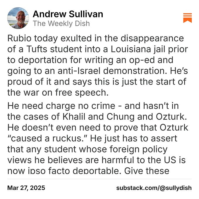 Andrew Sullivan on Substack: "Rubio today exulted in the disappearance ...