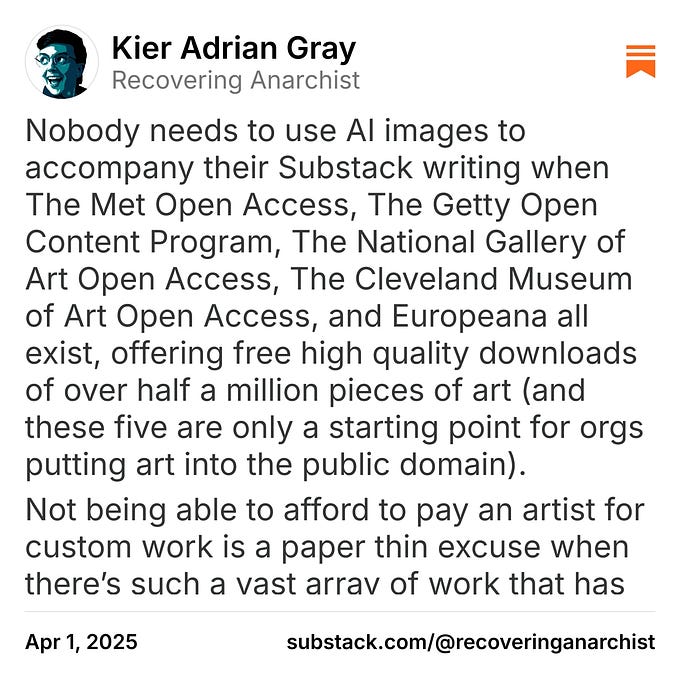 Kier Adrian Gray on Substack: "Nobody needs to use AI images to accompany their Substack writing ...