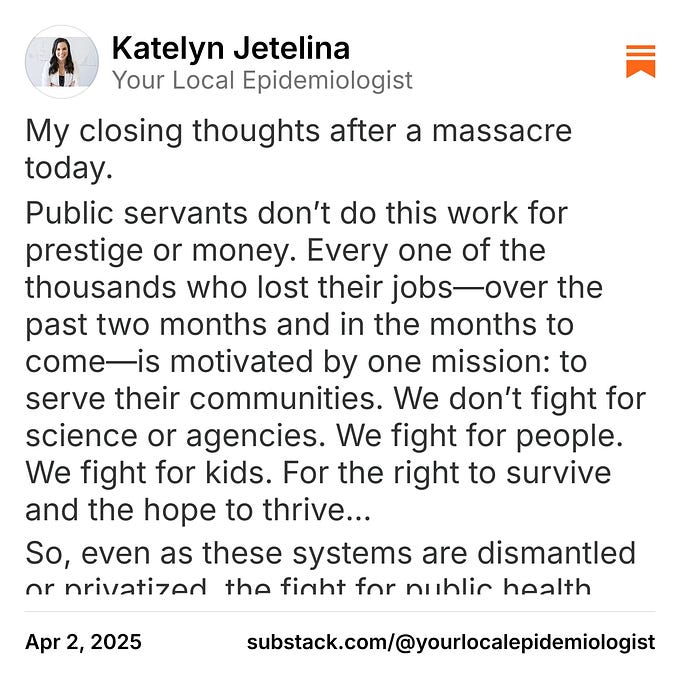 Katelyn Jetelina on Substack: "My closing thoughts after a massacre today. Public servants don’t ...
