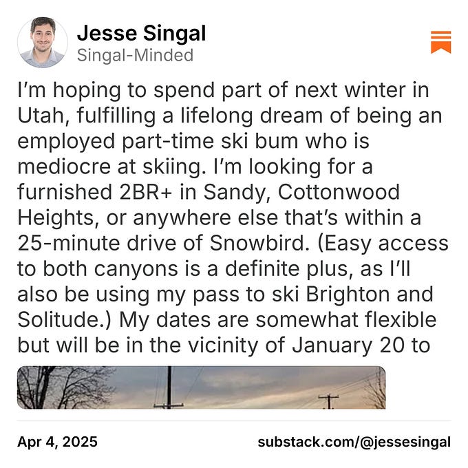 Jesse Singal on Substack: "I’m hoping to spend part of next winter in ...