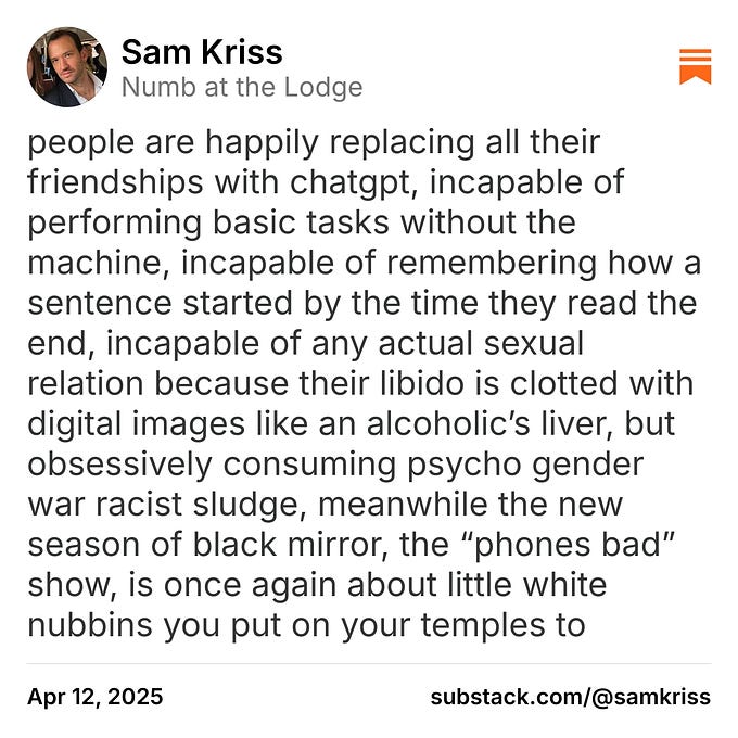 Sam Kriss on Substack: "people are happily replacing all their ...