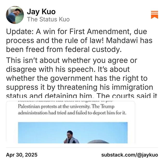 Jay Kuo on Substack: "Update: A win for First Amendment, due process and the rule of law ...