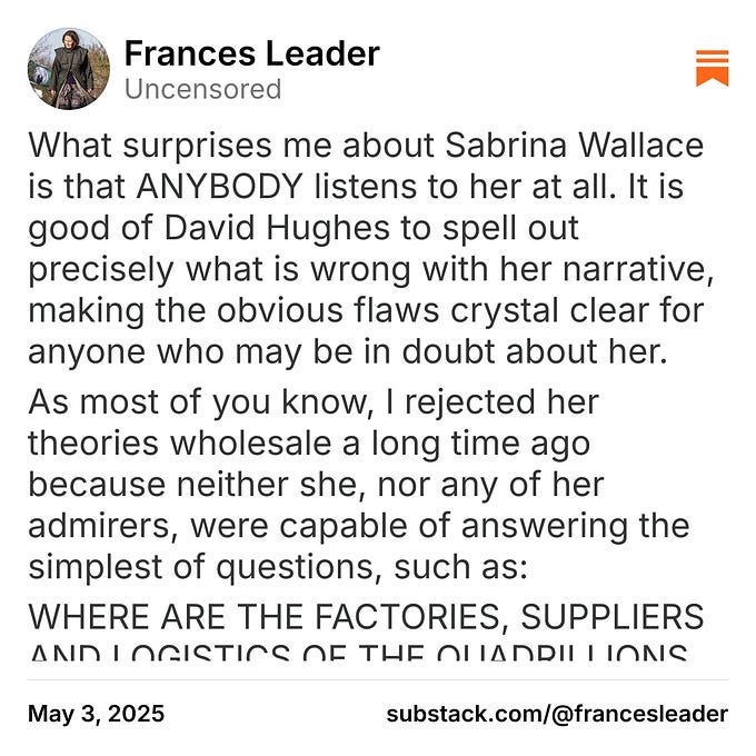 Frances Leader on Substack: "What surprises me about Sabrina Wallace is that ANYBODY listens to ...
