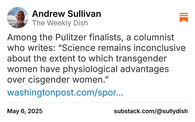 Andrew Sullivan on Substack: "Among the Pulitzer finalists, a columnist ...