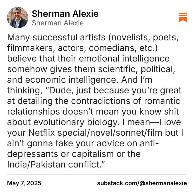 Sherman Alexie on Substack: "Many successful artists (novelists, poets, filmmakers, actors ...