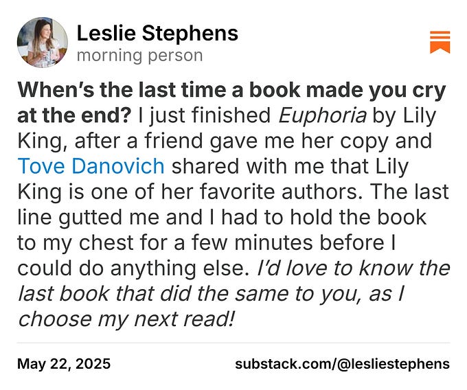 Leslie Stephens on Substack: "When’s the last time a book made you cry at the end? I just ...