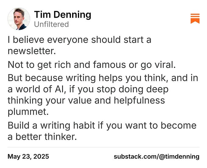 Tim Denning on Substack: "I believe everyone should start a newsletter. Not to get rich and ...
