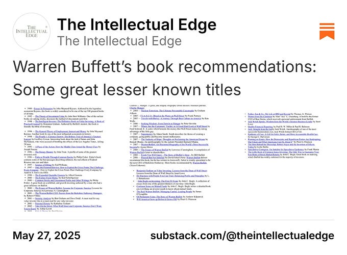 The Intellectual Edge on Substack: "Warren Buffett’s book recommendations: Some great lesser ...