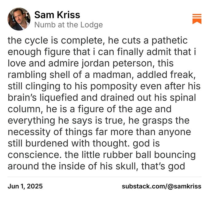 Sam Kriss on Substack: "the cycle is complete, he cuts a pathetic ...