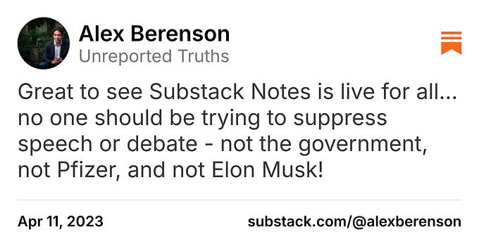 Alex Berenson on Substack: "Great to see Substack Notes is live for all ...
