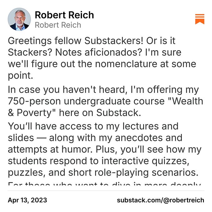 Robert Reich on Substack: "Greetings fellow Substackers! Or is it ...