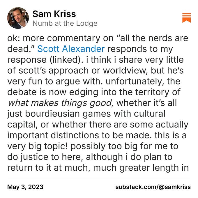 Sam Kriss on Substack: "ok: more commentary on “all the nerds are dead.” @Scott Alexander ...