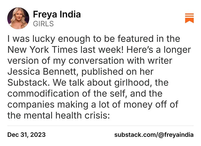 Freya India on Substack: "I was lucky enough to be featured in the New York Times last week ...