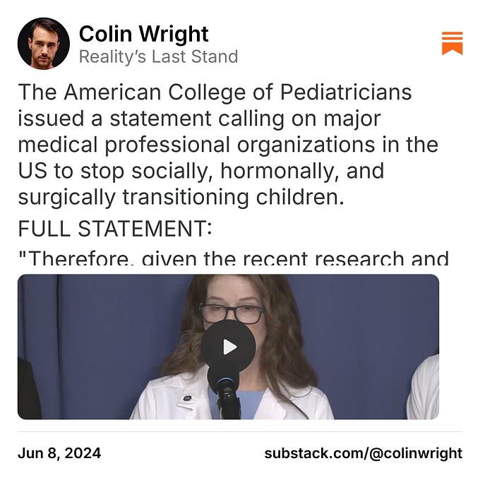 Colin Wright on Substack: "The American College of Pediatricians issued a statement calling on ...