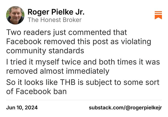 Roger Pielke Jr. on Substack: "Two readers just commented that Facebook removed this post as ...