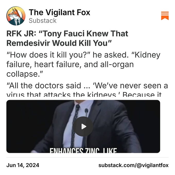 The Vigilant Fox On Substack RFK JR Tony Fauci Knew That Remdesivir