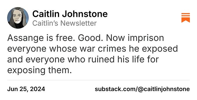 Caitlin Johnstone on Substack: "Assange is free. Good. Now imprison ...