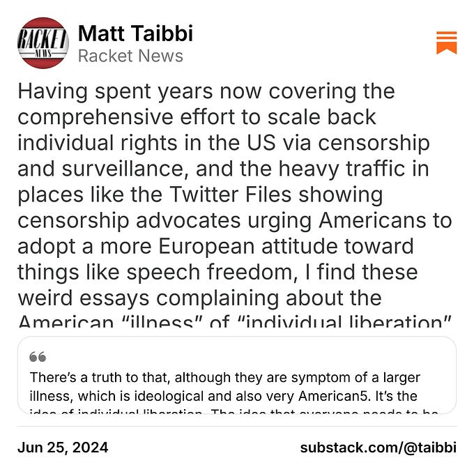 Matt Taibbi on Substack: "Having spent years now covering the comprehensive effort to scale back ...