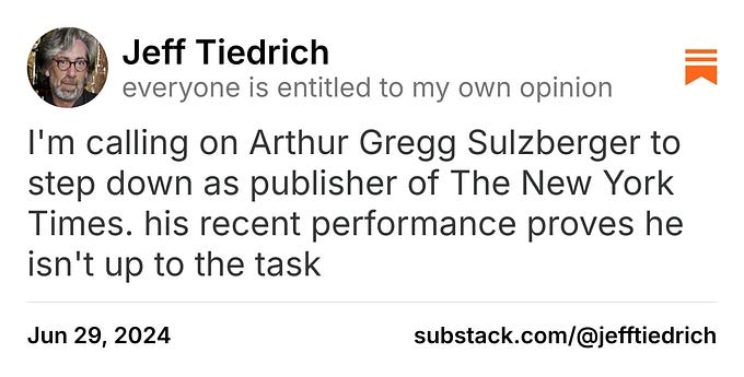 Jeff Tiedrich on Substack: "I'm calling on Arthur Gregg Sulzberger to step down as publisher of ...