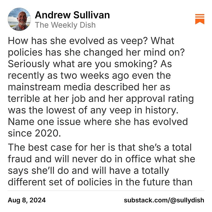 Andrew Sullivan on Substack: "How has she evolved as veep? What ...