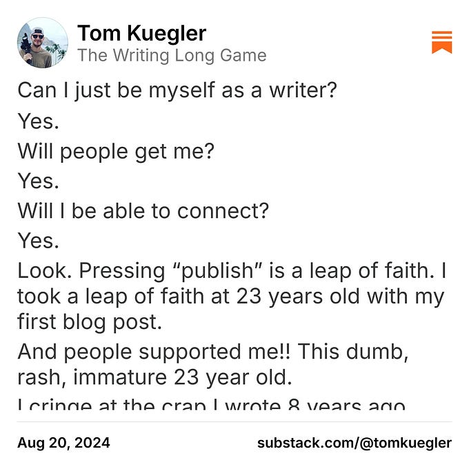 Tom Kuegler on Substack: "Can I just be myself as a writer? Yes. Will people get me? Yes. Will I ...
