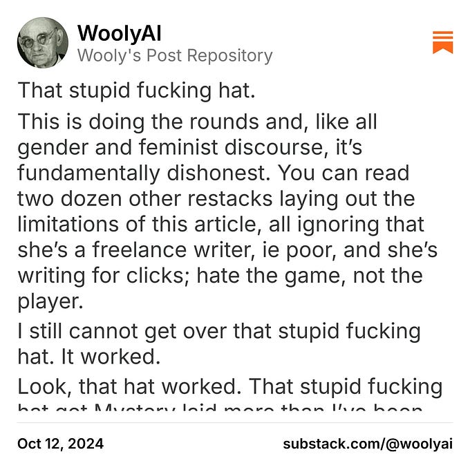 WoolyAI on Substack: "That stupid fucking hat. This is doing the rounds and, like all gender and ...
