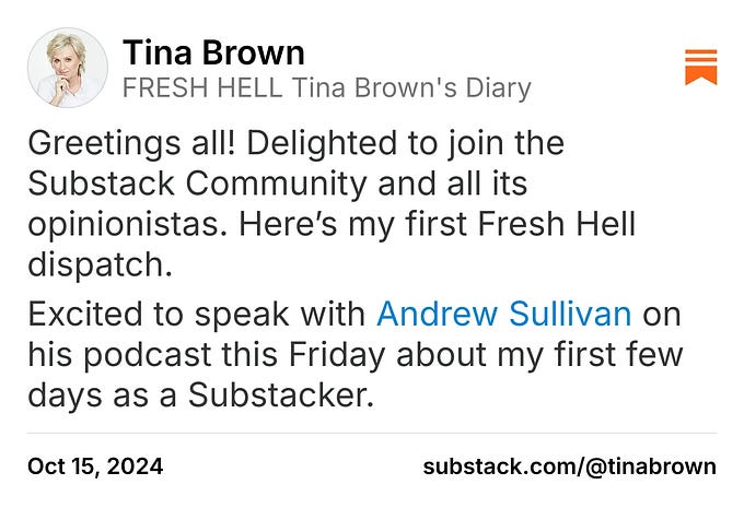 Tina Brown on Substack: "Greetings all! Delighted to join the Substack Community and all its ...