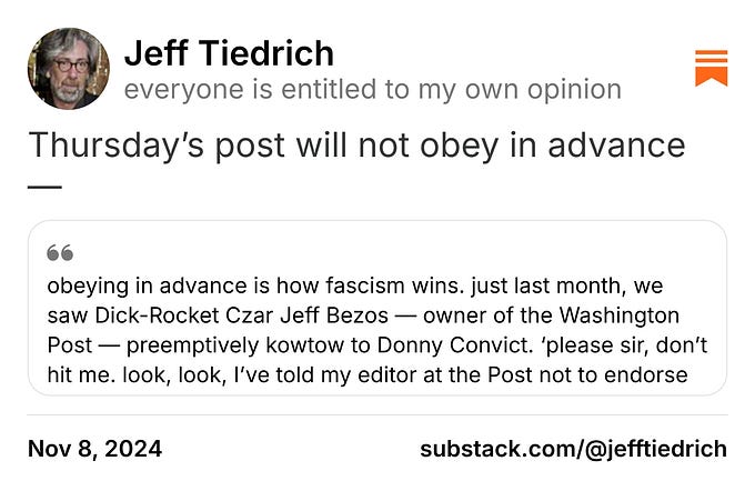 Jeff Tiedrich on Substack: "Thursday’s post will not obey in advance