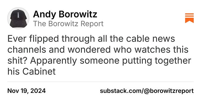 Andy Borowitz on Substack: "Ever flipped through all the cable news channels and wondered who ...