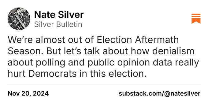Nate Silver on Substack: "We’re almost out of Election Aftermath Season. But let’s talk about ...