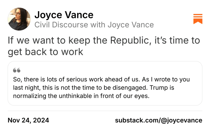 Joyce Vance on Substack: "If we want to keep the Republic, it’s time to get back to work"