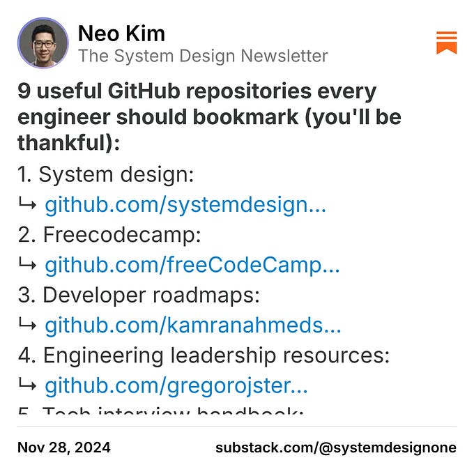 Neo Kim on Substack: "9 useful GitHub repositories every engineer should bookmark (you'll be ...