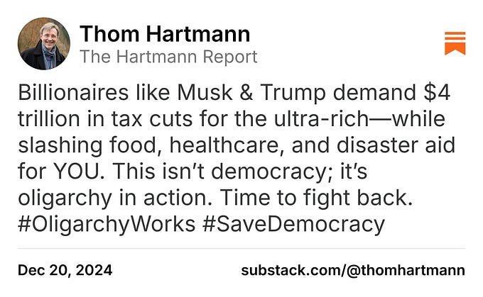 Thom Hartmann on Substack: "Billionaires like Musk & Trump demand $4 ...