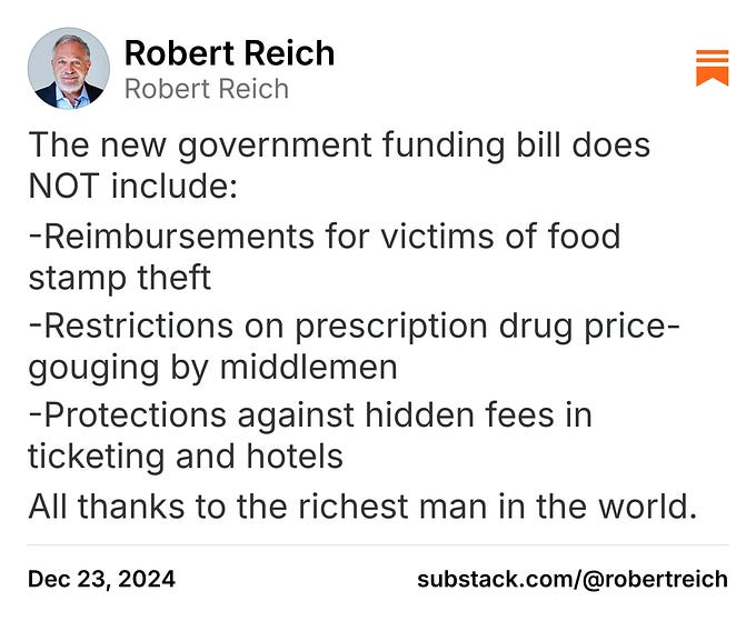 Robert Reich on Substack: "The new government funding bill does NOT include: -Reimbursements for ...