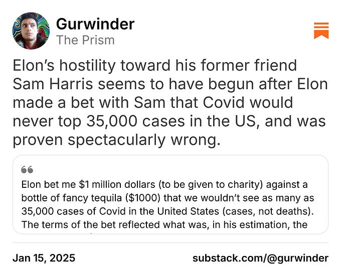 Gurwinder on Substack: "Elon’s hostility toward his former friend Sam Harris seems to have begun ...