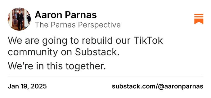 Aaron Parnas on Substack: "We are going to rebuild our TikTok community on Substack. We’re in ...
