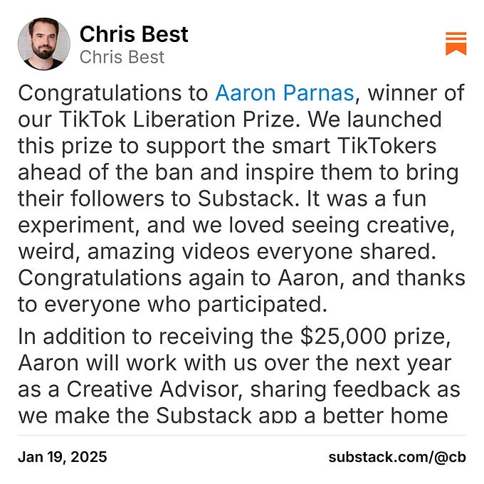 Chris Best on Substack: "Congratulations to @Aaron Parnas, winner of our TikTok Liberation Prize ...
