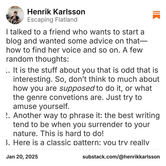Henrik Karlsson on Substack: "I talked to a friend who wants to start a blog and wanted some ...