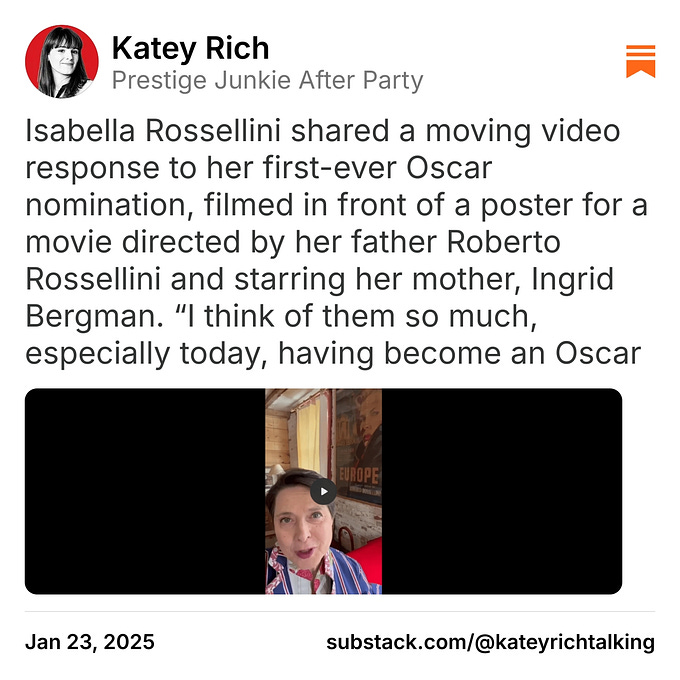 Katey Rich on Substack: "Isabella Rossellini shared a moving video response to her first-ever ...