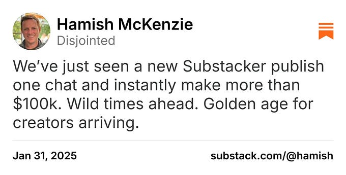 Hamish McKenzie on Substack: "We’ve just seen a new Substacker publish one chat and instantly ...