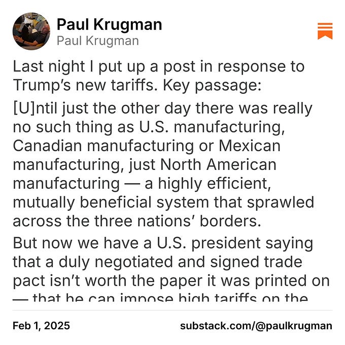Paul Krugman on Substack: "Last night I put up a post in response to Trump’s new tariffs. Key ...