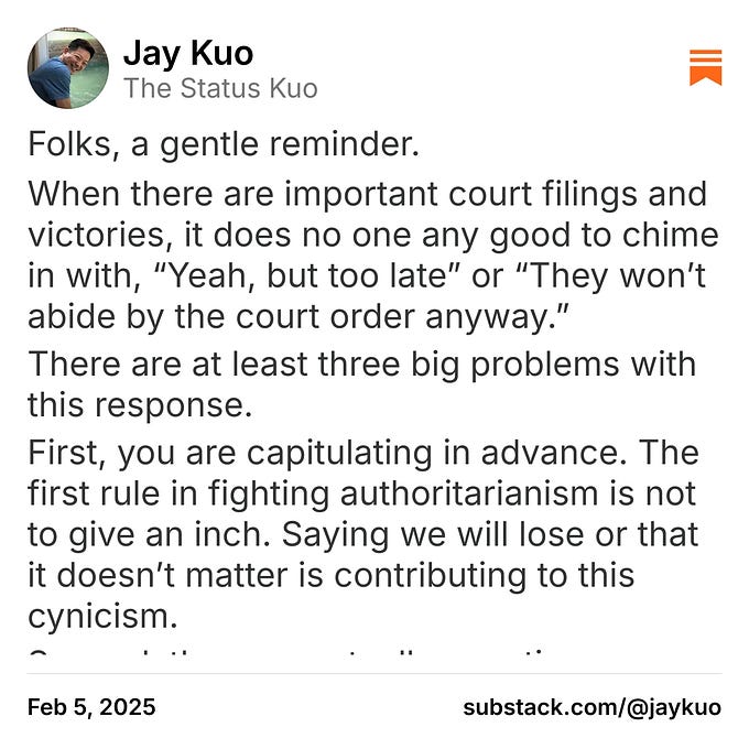 Jay Kuo on Substack: "Folks, a gentle reminder. When there are important court filings and ...