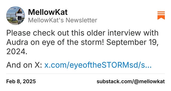 MellowKat on Substack: "Please check out this older interview with Audra on eye of the storm ...