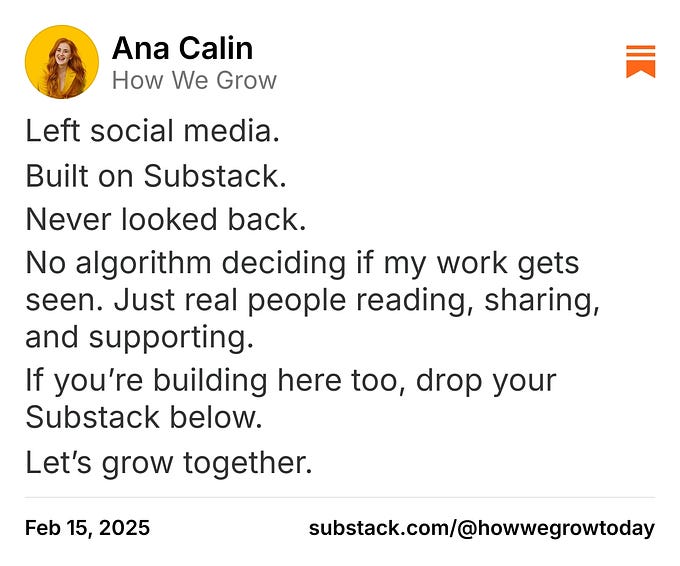 Ana Calin on Substack: "Left social media. Built on Substack. Never looked back. No algorithm ...