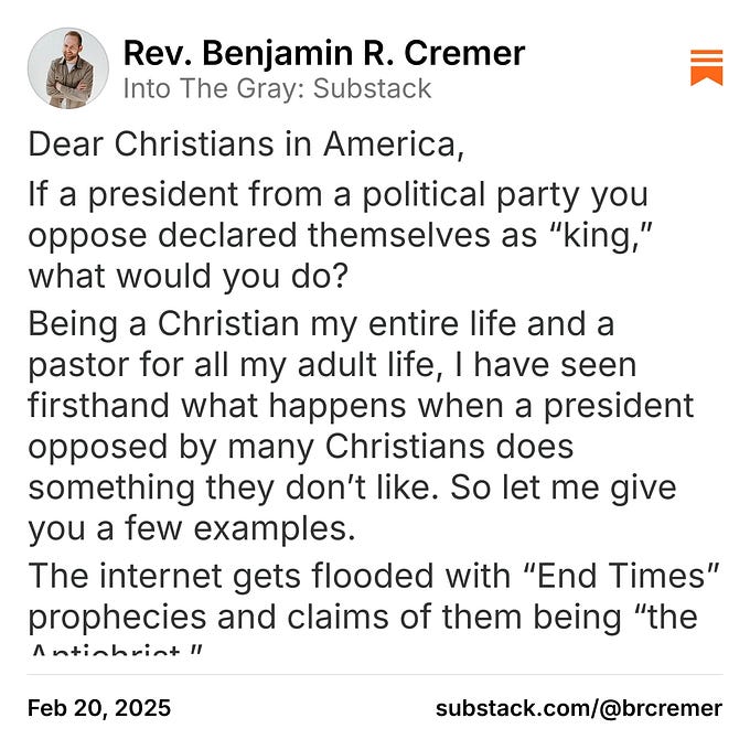 Rev. Benjamin R. Cremer on Substack: "Dear Christians in America, If a ...