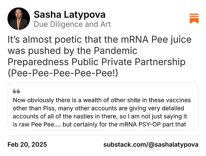 Sasha Latypova on Substack: "It’s almost poetic that the mRNA Pee juice was pushed by the ...