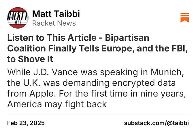 Matt Taibbi on Substack: "Listen to This Article - Bipartisan Coalition Finally Tells Europe ...